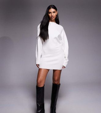 the frolic Exklusives, geripptes Mini-Pulloverkleid aus Rippstrick in Cremewei&szlig; mit geradem Ausschnitt und Ballon&auml;rmeln