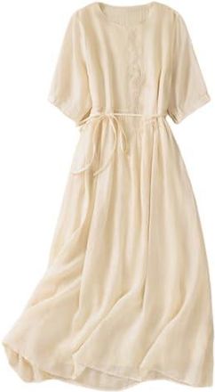 Generic 2026 Robes amincissantes pour femmes et broderie artistique robe l&eacute;g&egrave;re mince longueur moyenne d&eacute;contract&eacute;e, beige, M