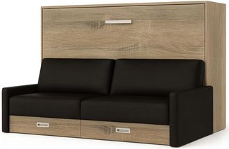 Les Tendances Les Tendances - Lit escamotable horizontal avec canap&eacute; Vetal 140x190-Canap&eacute; Noir-Structure et Fa&ccedil;ade Ch&ecirc;ne clair