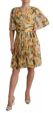 Dolce & Gabbana Womens Yellow Floral Print Pleated Maxi Dress
