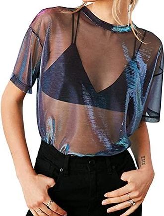 ORANDESIGNE Top Dentelle Sexy Transparent Haut T-Shirt Femme en Résille Perspectif Manches Longues Crop Top Mesh Col Rond Chemise Slim Fit Babydolls Soirée L F Bl