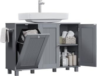 Yaheetech Meuble Salle de Bain avec Panier &agrave; Linge Int&eacute;gr&eacute;, Meuble sous Lavabo avec Panier &agrave; Linge Int&eacute;gr&eacute;, Porte-Serviettes Ajustable, &Eacute;tag&egrave;res R&eacute;glables, 90 &times;