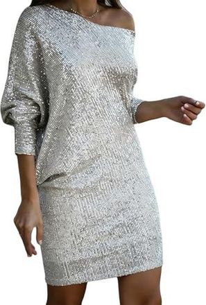 Generic Mini robe asym&eacute;trique &agrave; paillettes &agrave; &eacute;paules d&eacute;nud&eacute;es pour femme - Robe de soir&eacute;e formelle &agrave; paillettes, Argent&eacute;., XXL