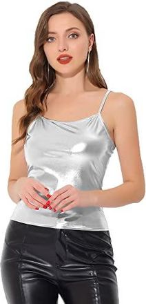 Allegra K Débardeur Métallique Femme Camisole à Paillettes Haut Scintillante sans Manches Caraco Holographique Argent XXL
