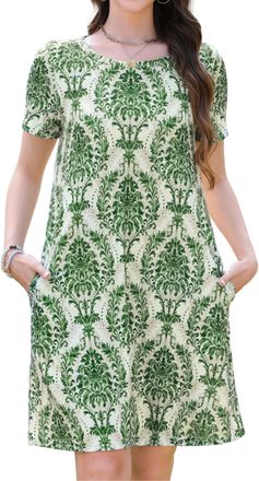 Zeagoo Damen Tshirt Kleid Knielang Leicht T Shirtkleid Rundhals Kurzarm Sommerkleid L&auml;ssig Kleider mit Taschen Sommer Gr&uuml;ne Blumen S