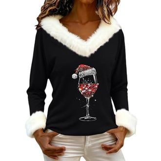 Generic Sweats de No&euml;l &agrave; col en V en fausse fourrure pour femme, chemisiers dhiver d&eacute;contract&eacute;s confortables et chauds avec col en peluche imprim&eacute; P&egrave;re No&euml;l &agrave;