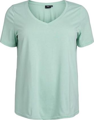 Zizzi T-shirt en coton &agrave; col en V pour femme - Grandes tailles, Jade ray&eacute;, 44-46 grande taille