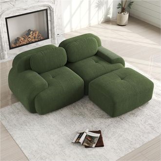 Generic Modulares Schlafsofa mit Ottomane, 3-Sitzer, modulares Cord-Sofa, ohne Montage, for Wohnzimmer, rahmenloses Sofa, mit gebogenen Armlehnen(Verde,2S+1)