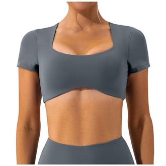 Generic Haut court uni pour femme 2025 - Coupe ample - Style sportif - Coupe ample - D&eacute;contract&eacute; - Manches courtes - Demi-chemises occidentales - T-shirts mig