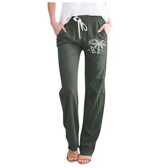 Generic Pantalon en coton et lin pour femme - Jambe large - Pantalon de plage d&eacute;t&eacute; pour femme - Confortable - Pantalon de yoga Palazzo XIYU26087, vert militai