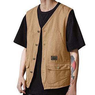 Generic Cargoweste Gilet de costume léger pour homme - Gilet de fitness régulier - Vintage - Col en V - Gilet léger avec boutons - Pour lété - Trekking - Gile