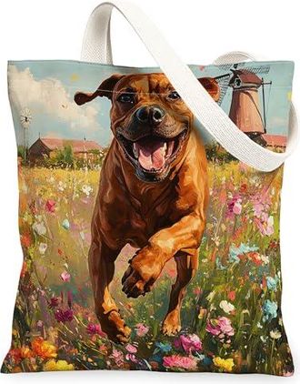 Generic Sac fourre-tout en toile motif chien Rhodesian Ridgeback printanier, 33 x 38,1 cm, sac d&eacute;picerie r&eacute;utilisable pour femme, motif floral, plage, esth&eacute;ti