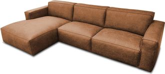 Studio Copenhagen home24 Ecksofa mit opt. Schlaffunktion Grau/Cognac Microfaser Pina 345 x 75 x 170cm Longchair davorstehend links ohne Schlaffunktion Modern