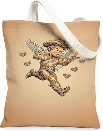 Generic Sac fourre-tout en toile pour la Saint Valentin, motif coeur dange r&eacute;tro, sacs d&eacute;picerie, sacs d&eacute;picerie r&eacute;utilisables, l&eacute;gers et lavables, beige, 13x