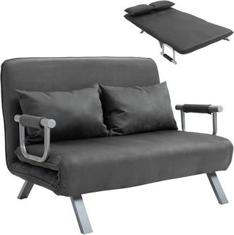 HOMCOM Canap&eacute;-lit 2 Places, Fauteuil Convertible avec Dossier r&eacute;glable en 5 Positions, Chaise Longue avec 2 Coussins Inclus, canap&eacute; en rev&ecirc;tement Aspect su&egrave;d