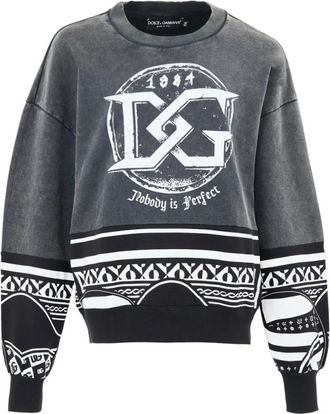 Dolce & Gabbana Homme, Sweatshirts et sweats &agrave; capuche, Noir, Taille: XS SweaT-shirt D&eacute;lav&eacute; avec imprim&eacute; Nobody is Perfect