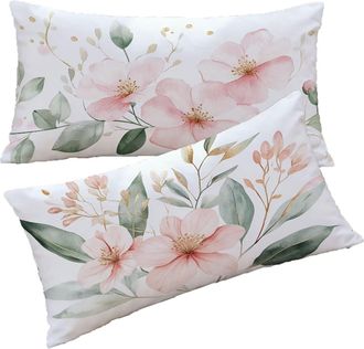 Generic Kissenbez&uuml;ge Rosa Kissenbezug 40x80cm Blumen Kissenbez&uuml;ge Pillow Cover Dekokissen Leinen Weich und Bequem 2er Set Beidseitig Bedruckt Waschbar for Hom