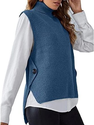 ORANDESIGNE Pull Sans Manche Femme Gilet en Tricot à Col Roulé Chaud Géométrique Scolaire Classique Veste Mignon Chandail en Coton Tank Top Crop Sweater Bleu S