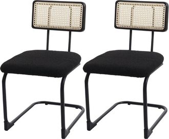 Hhg jamais utilis&eacute;] Lot de 2 chaises &agrave; pi&eacute;tement luge 712, chaise &agrave; dossier, bois rotin m&eacute;tal boucl&eacute;, tissu/textile noir