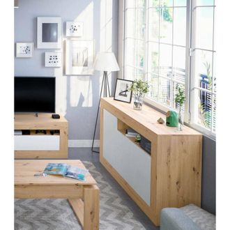 Dmora Buffet haut Dmirri, Buffet moderne &agrave; 3 portes, Buffet meuble tv salon, 144x42h87 cm, Ch&ecirc;ne noueux et Blanc - Dmora