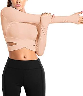 ORANDESIGNE T-Shirt Femme Sport Top Courts Activewear à Manches Longues Pilate Yoga Entraînement Fiteness Running Crop Tops A Rose M