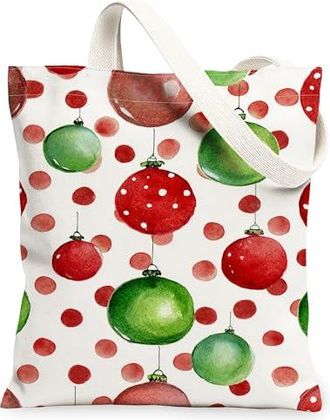 Generic Sacs fourre-tout en toile de No&euml;l, motif ornement color&eacute;, sacs d&eacute;picerie r&eacute;utilisables, festifs l&eacute;gers et lavables avec bandouli&egrave;re Ca, Rouge et vert,