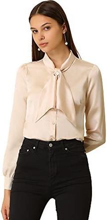 Allegra K Chemises boutonnées pour Femmes Chemisier en Satin à col Cravate Tops décontractés daffaires Champagne S