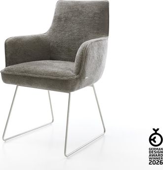 DELIFE Esszimmerstuhl Heira-Flex mit Armlehnen Boucl&eacute; Soft Schlamm Kufengestell Edelstahl Taschenfederkern, Esszimmerst&uuml;hle