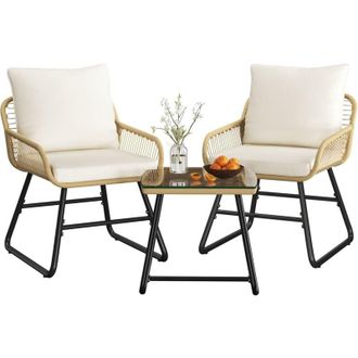 Yaheetech Yaheetech 3 Pi&egrave;ces Salon de Jardin Exterieur en Polyrotin, 2 Personnes Ensemble Mobilier avec 2 Fauteuils et 1 Table Basse Plateau en Verre Tremp&eacute;