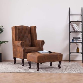 Festnight Chesterfield-Sessel und Fu&szlig;hocker Relaxsessel Liegesessel Fernsehsessel TV Wohnzimmersessel Hocker Braun Schaumstoffpolsterung Wildleder-Optik 76 x 47
