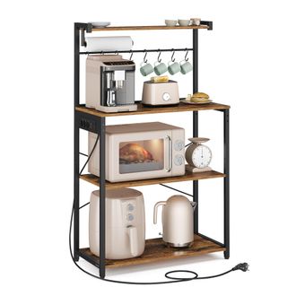 Vasagle K&uuml;chenregal mit Steckdosen, Standregal, Kaffeebar mit 4 Ebenen und 8 S-Haken, Mikrowellen-Regal, verstellbare Ablage, 40 x 80 x 140 cm, vintagebraun-t