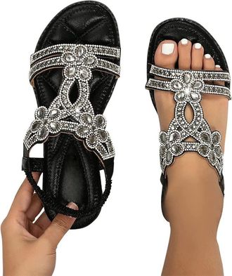 Minetom Flache Sandalen Damen Strass Boho T-Riemen Frauen Sandalen Weichen Sohlen Sommerschuhe Gummiband Slingback Zehentrenner Sandalen Mädchen Strandschuhe 