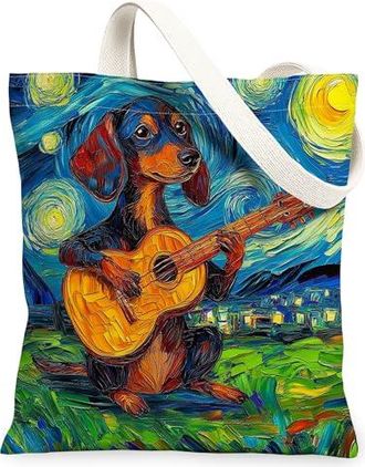 Generic Sac fourre-tout r&eacute;utilisable en toile motif teckel 33 x 38 cm, motif guitare &eacute;toil&eacute;e, sac d&eacute;picerie r&eacute;utilisable pour femme, animal de compagnie, chio
