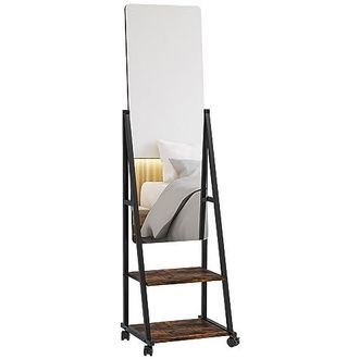 HOMCOM Miroir sur Pied rectangulaire, Miroir de Sol Roulant, avec 2 étagères, Angle réglable, 4 roulettes, 42 x 37 x 155 cm, Noir et Brun Rustique