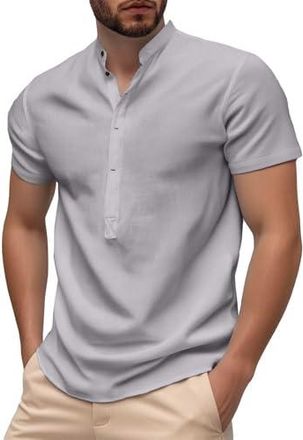 Generic Chemise d&eacute;t&eacute; d&eacute;contract&eacute;e en lin pour homme - Chemise d&eacute;t&eacute; boutonn&eacute;e - Chemise d&eacute;t&eacute; en lin - Chemise de loisirs - Chemise &agrave; manches longues - Coupe dr