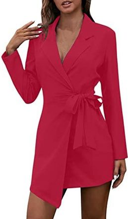 Generic Vestes pour femmes 2026 pour femmes, costume tendance, couleur unie, cravate &agrave; la taille, manches longues, veste de style robe, Rouge, XXL