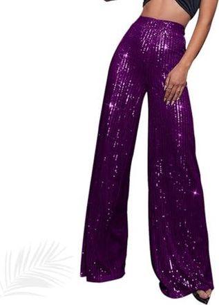 Generic Pantalon palazzo taille haute &agrave; paillettes pour femme - Pantalon de f&ecirc;te scintillant, violet, 4XL