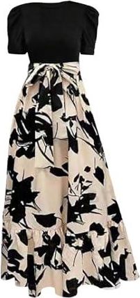 Generic Oyuchga Robe longue d&eacute;t&eacute; &eacute;l&eacute;gante pour femme - Col rond - Manches courtes - Robe florale - Robe d&eacute;contract&eacute;e - Robe de plage - Taille haute - Robe tun