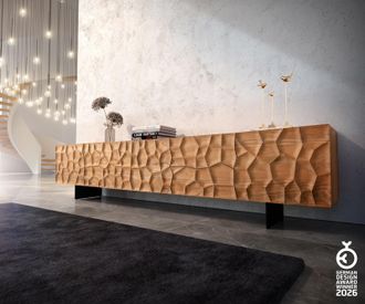 DELIFE Lowboard Solu 260 cm Akazie Natur 2 T&uuml;ren 6 Sch&uuml;be Fu&szlig; schwebend Metall Schwarz 3D-Front, Lowboards