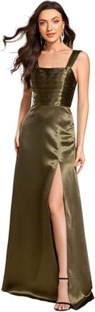 Ever-pretty Robe de Demoiselle dhonneur Femme Satin Fendu Col Carré Bretelle Plis Vert Olive 40