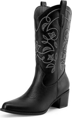 Dream Pairs Bottes de cowboy pour femme, bout carr&eacute;, broderie, bottes de cowgirl cousues, bottes western &agrave; talon &eacute;pais pour femme, Polyur&eacute;thane noir., 40 EU