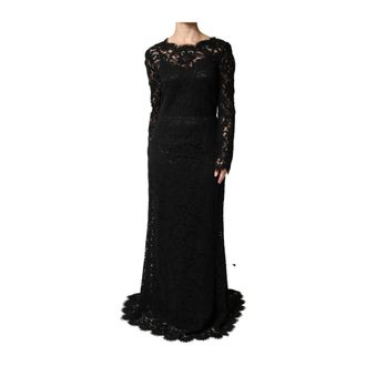 Dolce & Gabbana Robe Longue en Coton &agrave; Manches Longues en Dentelle - Femme - Robes - Noir - Taille: 44 FR