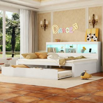 Generic Design Schlafsofa 140x200 wei&szlig; - erweiterbares Sofa, LED-Beleuchtung, Aufbewahrungsnische und USB/Stecker (ohne Matratze)