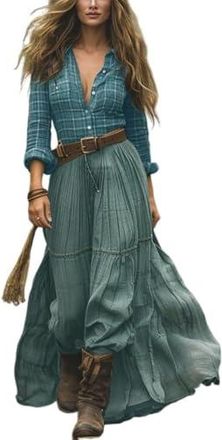 ORANDESIGNE Robe Longue Retro &agrave; Col en V et Manches Longues pour Femmes Robes en Mousseline de Soie Vintage Western Country Robe D&eacute;contract&eacute;e dautomne A Vert XXL