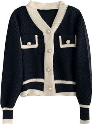Generic Femmes Mode Cor&eacute;enne L&acirc;che Pull Manches Longues Tricot Cardigan Outwear Col V Manteau, Noir/blanc, taille unique