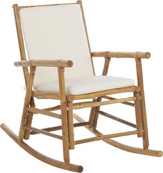 Beliani Garten Schaukelstuhl Bambus Hellbraun mit Armlehnen Auflage weiß Boho Frigole