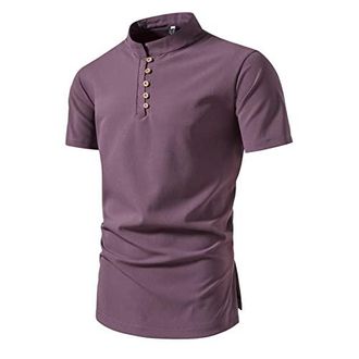 Generic Montre r&eacute;tro et t-shirt am&eacute;ricain pour homme avec col montant en coton et lin - Manches courtes - V&ecirc;tement de sport, rouge, XXL