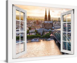 Picanova Premium Leinwanddruck - Leinwandbild Köln Panorama Kölner Dom im Fenster 120x80cm - Kunstdruck Auf 2cm Holz-Keilrahmen Für Schlaf- Und Wohnzimmer - Ko
