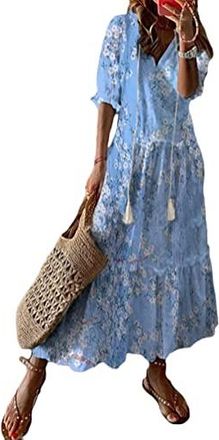 TOMWELL Robe Longue Femme Boho Floral Manches Courtes Col V Robe Portefeuille Robe Sexy Casual Maxi Robe de Plage Soirée B Bleu XL