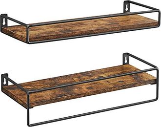 Vasagle Lot de 2 &Eacute;tag&egrave;res Murales, Tablettes Suspendues avec Tringle, Rangements Flottants, Cuisine, Chambre, Salon, Marron Rustique et Noir LWS441B01
